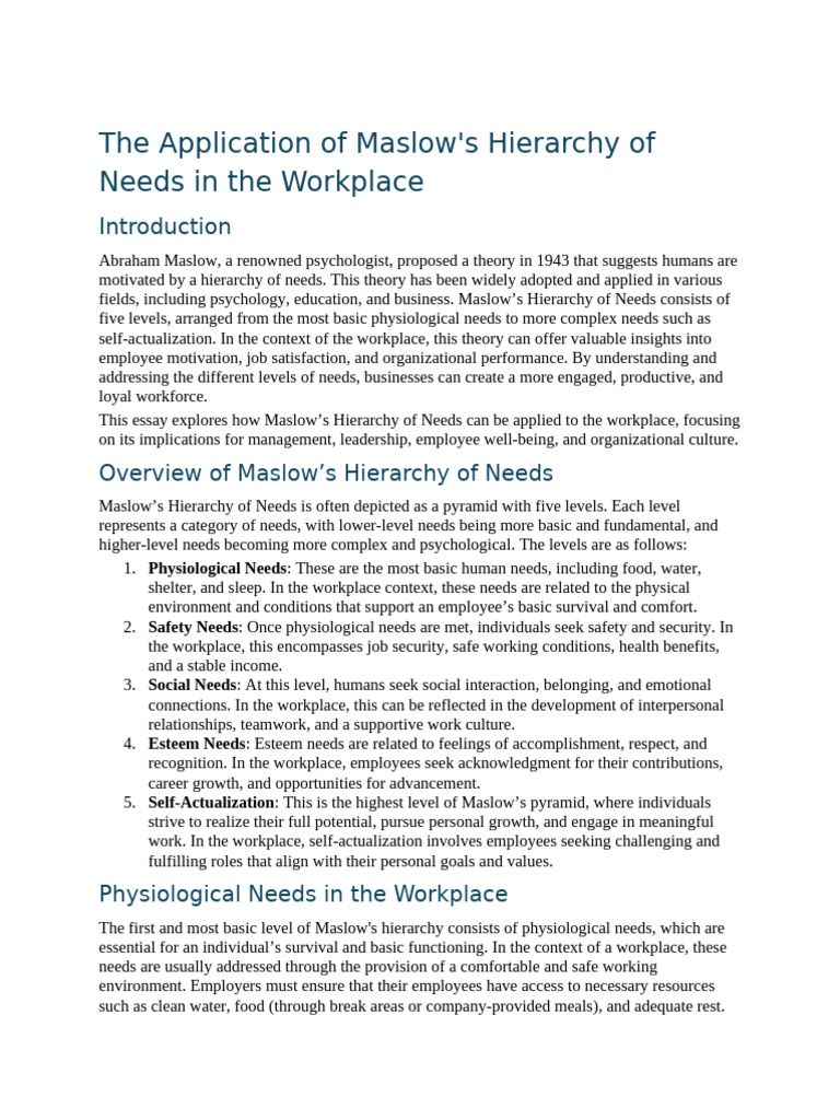 The Application of Maslow's Hierarchy of Needs in The Workplace | PDF ...