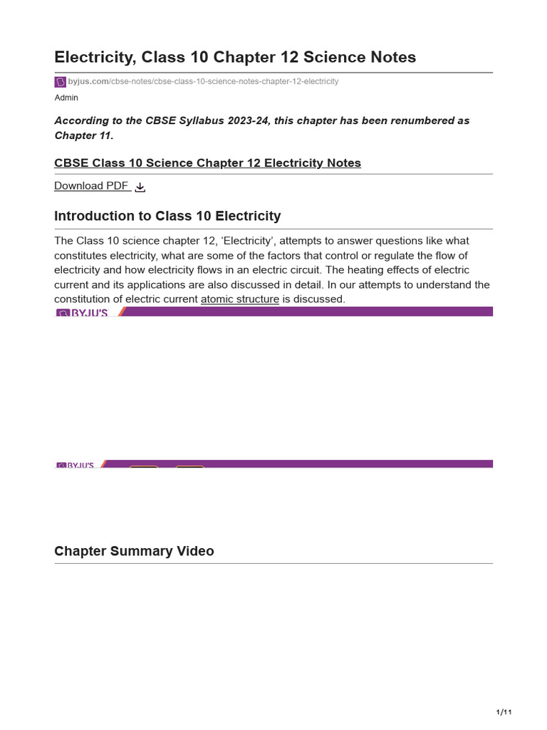 Electricity Class 10 Chapter 12 Science Notes | PDF | Electric Current ...