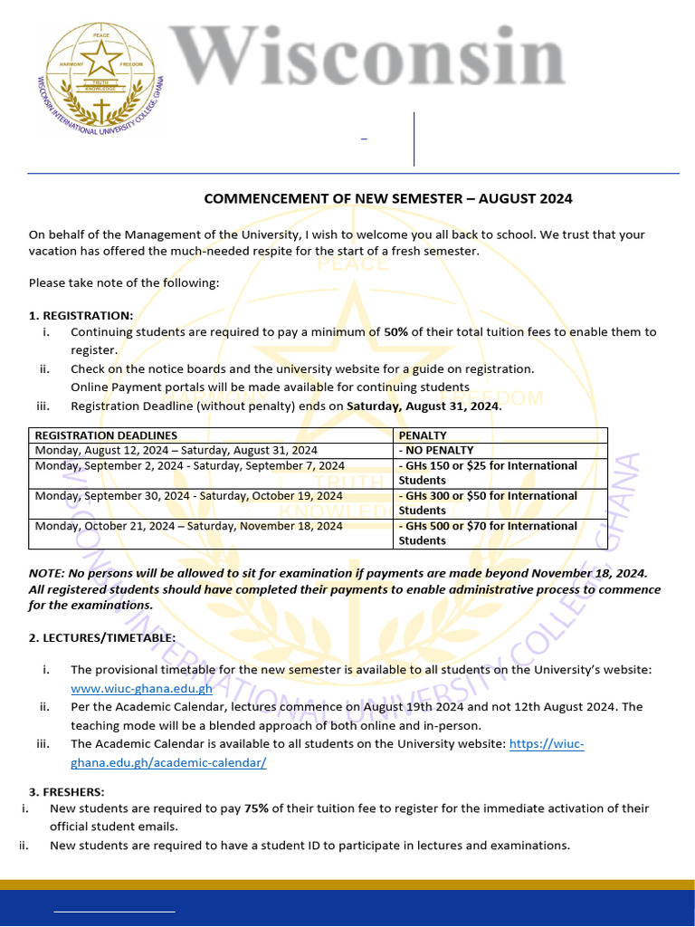 Commencement of New Semester Aug 2024 | PDF
