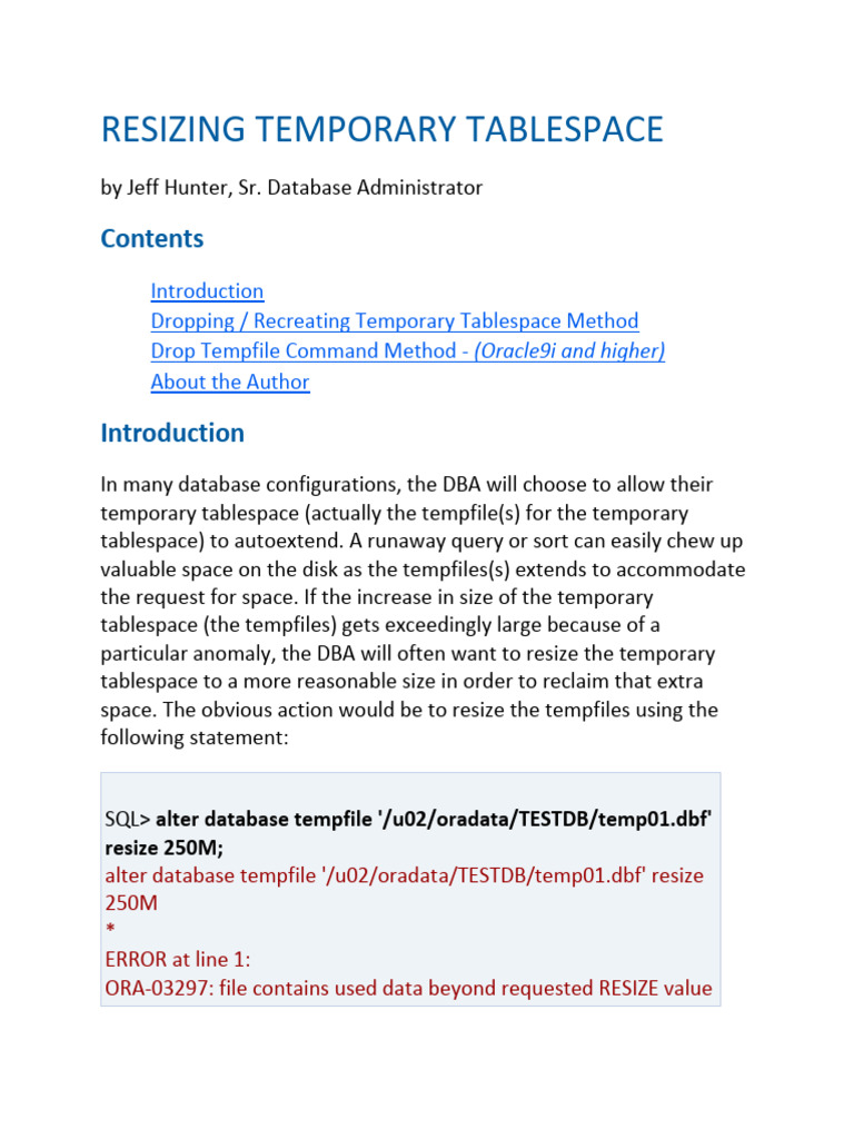 Resizing Temporary Tablespace | PDF | Databases | Computer File