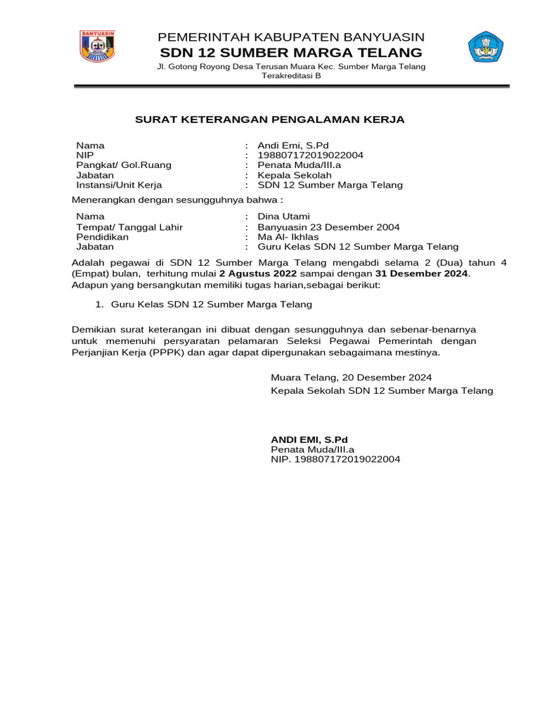 Format Surat Keterangan Pengalaman Kerja PPPK Banyuasin 2024 | PDF