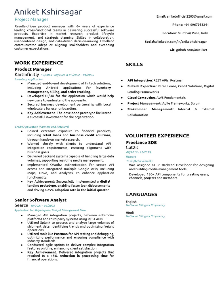 Aniket Kshirsagar: Product Manager Profile | PDF | Computing | Information Technology