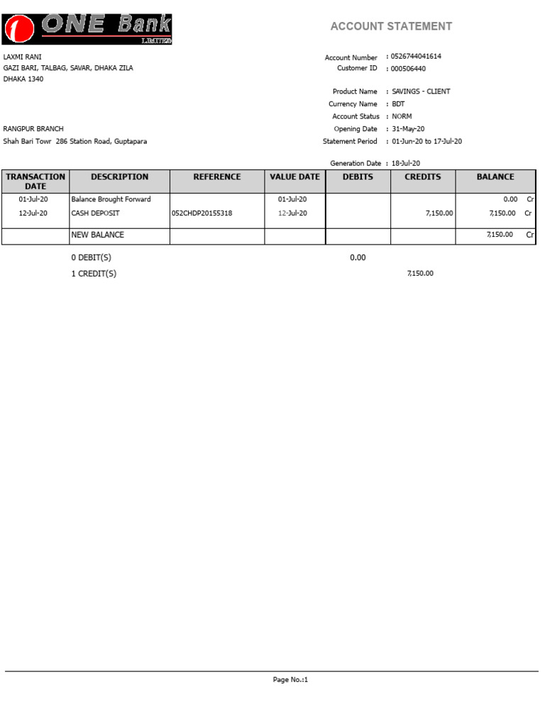 ONE BANK Statement LAXMI R | PDF