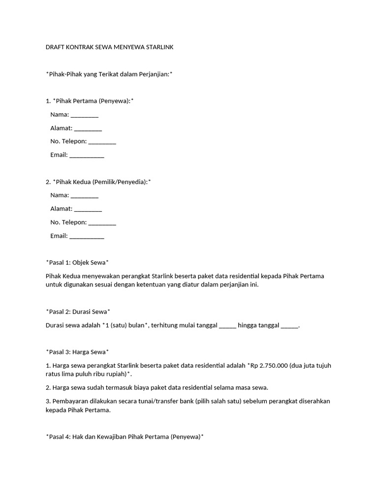 DRAFT KONTRAK SEWA MENYEWA STARLINK3 | PDF
