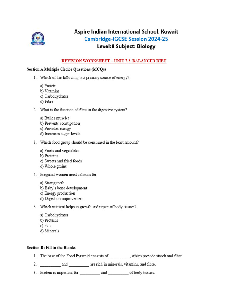 Vision Worksheet Biology | PDF | Foods | Food Energy