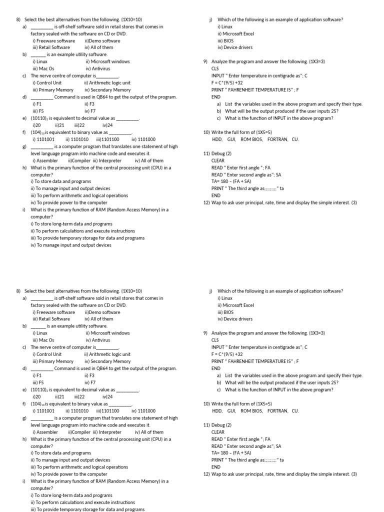 Computer Software and Programming Quiz | PDF | Programming | Computer ...