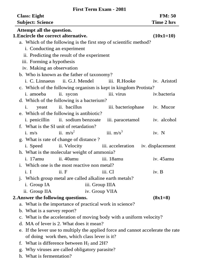 Class 8 Scince Question 2081 | PDF | Acceleration