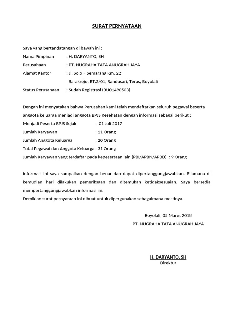 SURAT PERNYATAAN Surat Keterangan BPJS Kesehatan | PDF