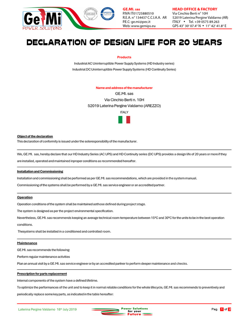 Gemi - Declaration of Design Life For 20 Years | PDF | Relay | Computer ...
