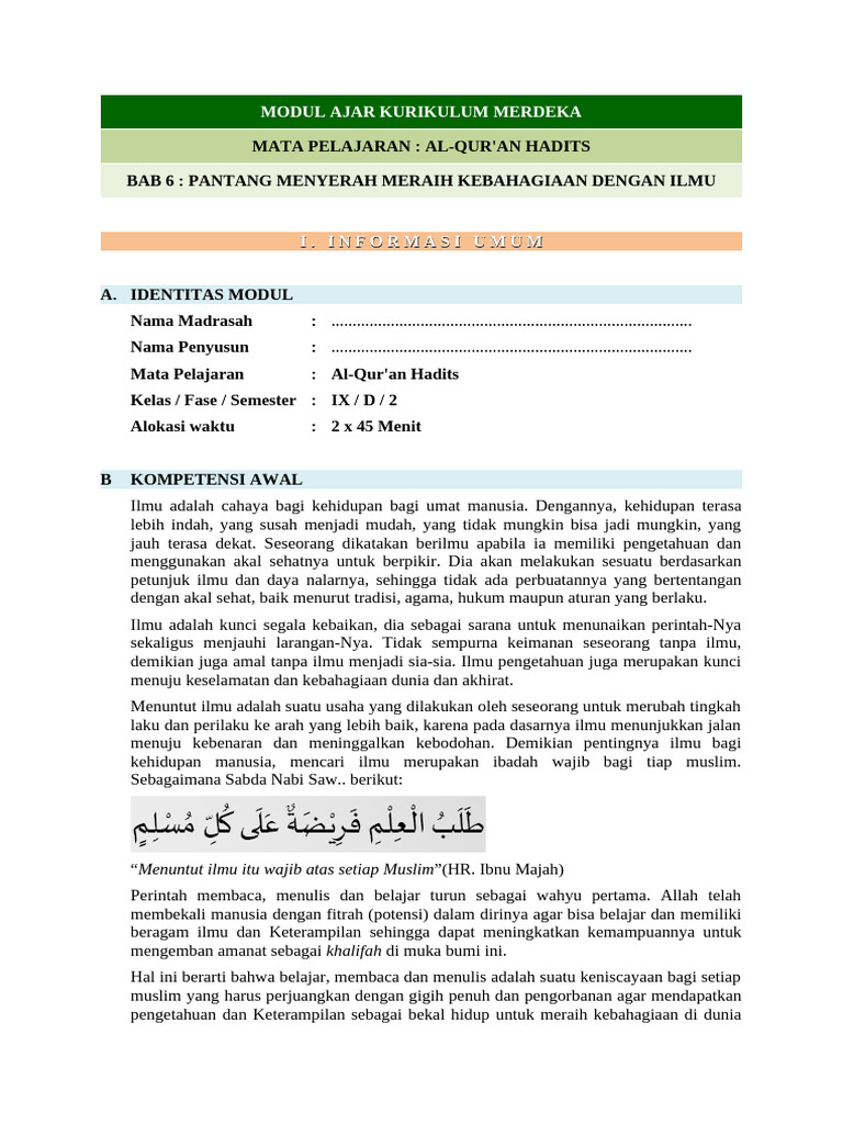 Modul Qurdis 9 Bab 6 - Pantang Menyerah Meraih Kebahagiaan Dengan Ilmu | PDF