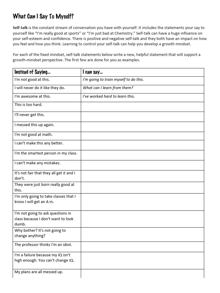 Growth Mindset Self Talk 1 | PDF | Mindset | Cognition