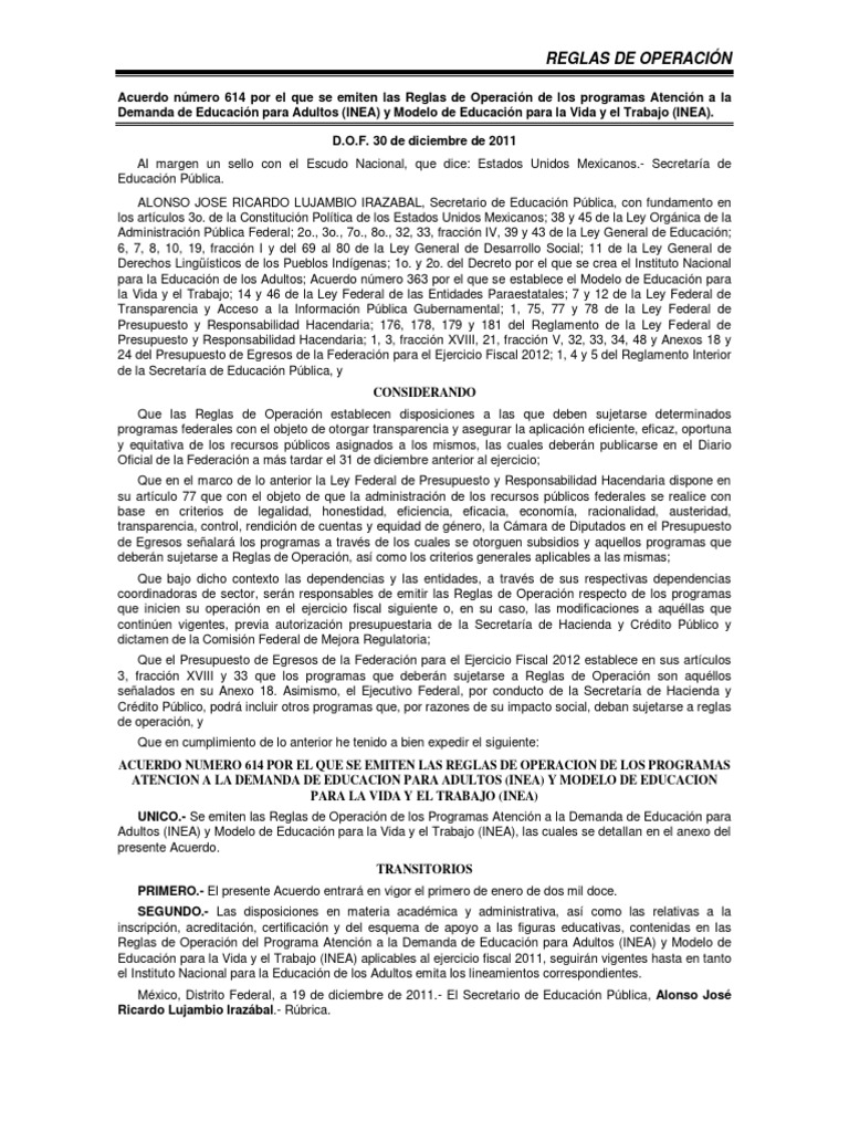 Reglas de Operacion. | PDF