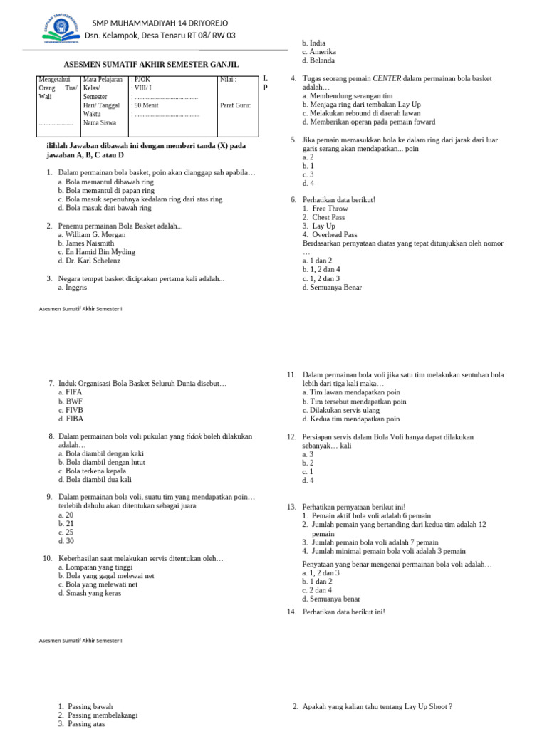 Soal Sas Pjok Viii | PDF