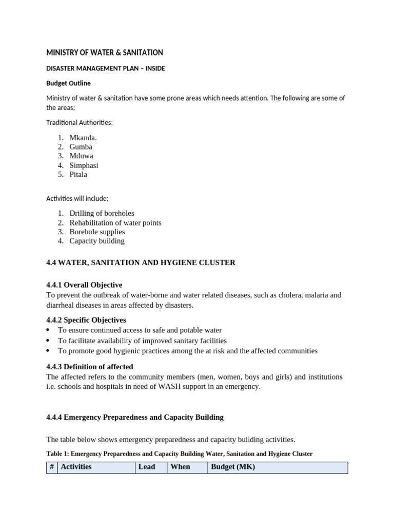 WASH Disaster Management Plan Overview | PDF | Wash | Sanitation