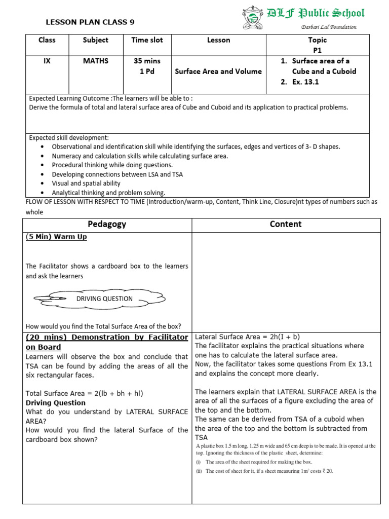 Chapter 13 - Surface Areas and Volumes | PDF | Area | Lesson Plan