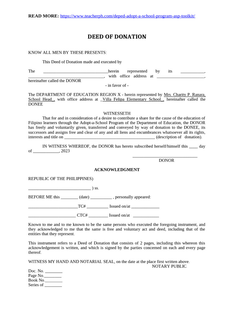 DepEd Adopt-a-School Program (ASP) Deed of Donation and Deed of ...