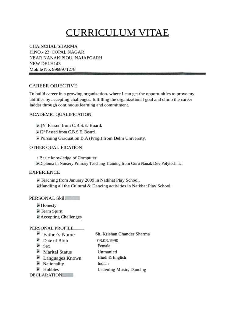 Curriculum Vitae: Career Objective | PDF