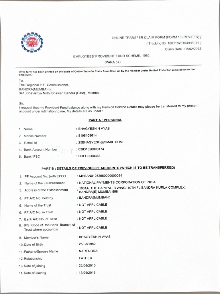 Online Transfer Claim Form (Form 13 (Revised) ) | PDF