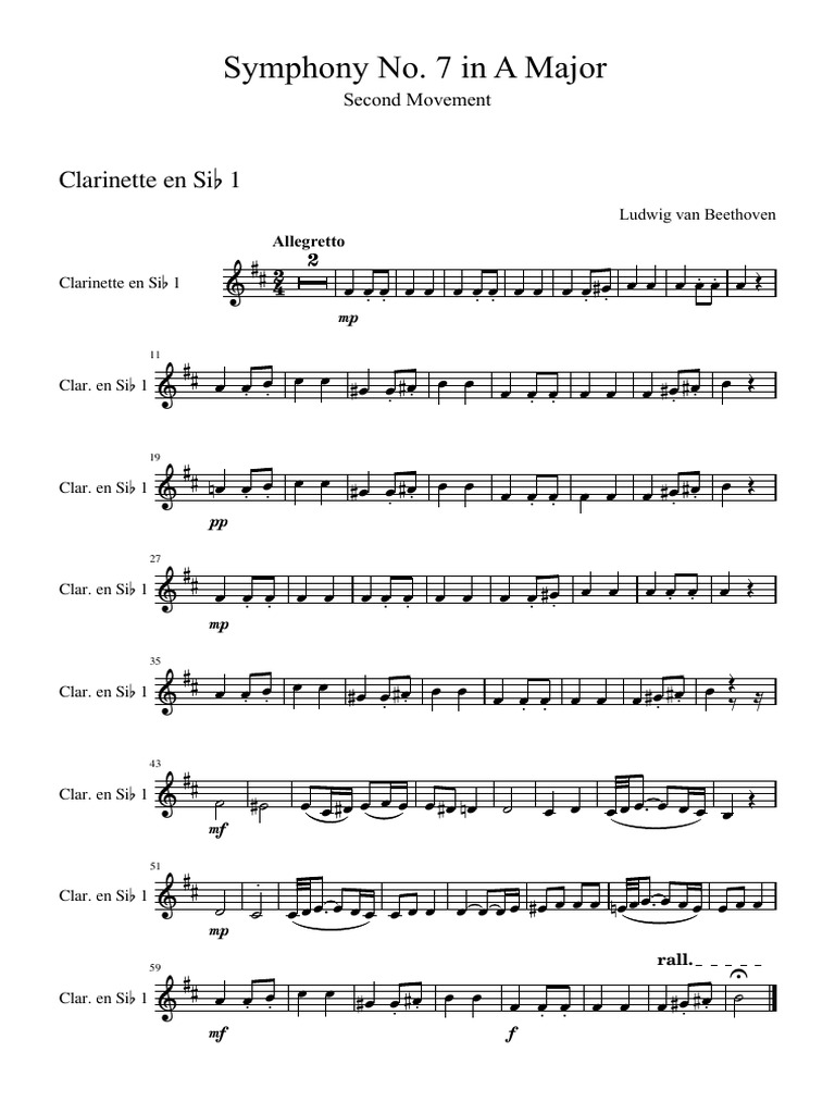 Beethoven Symphony No. 7 2nd Movement Piano Solo-Clarinette en Sib 1 | PDF