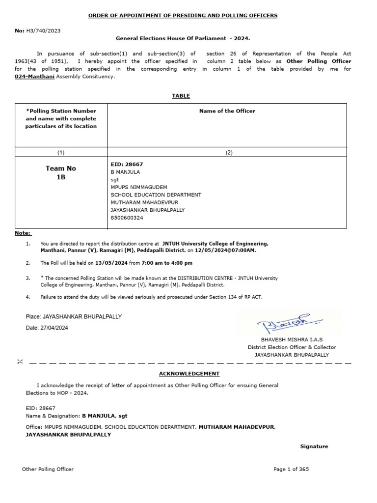 Manthani Assembly Election Duty Details | PDF | Electoral District ...