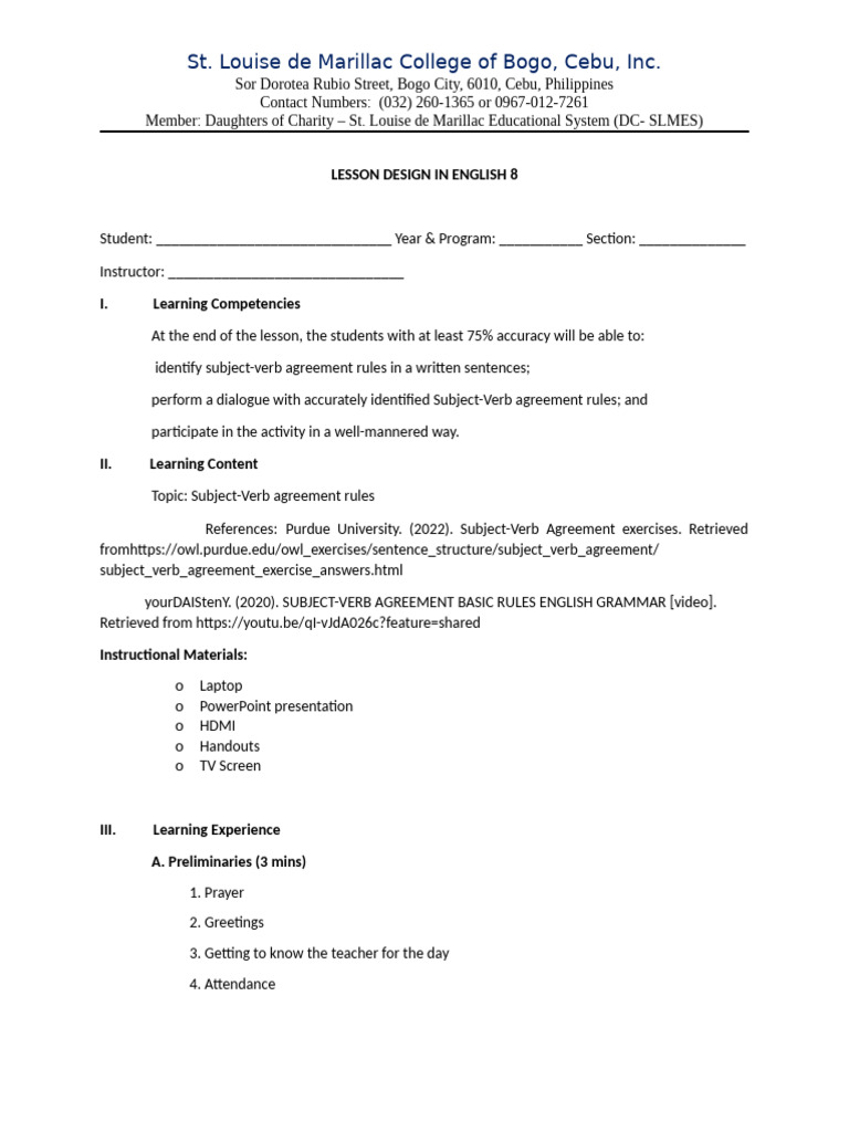 English 8 Lesson Plan: Subject-Verb Agreement | PDF | Grammatical ...