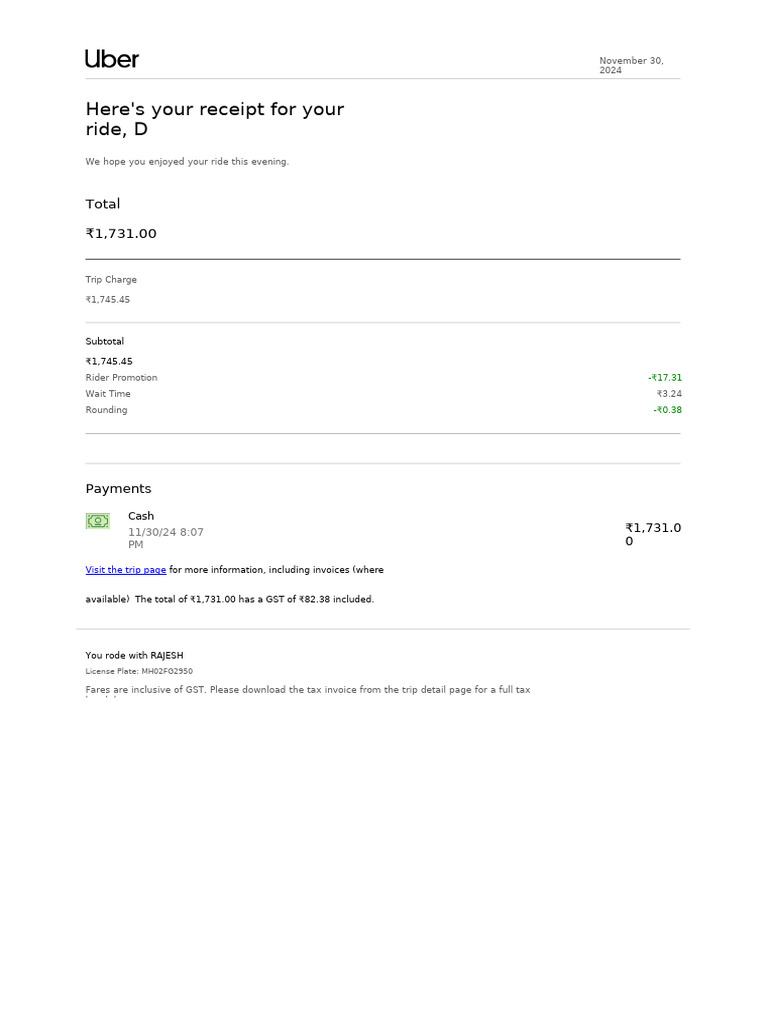 UberXL Ride Receipt - ₹1,731.00 | PDF
