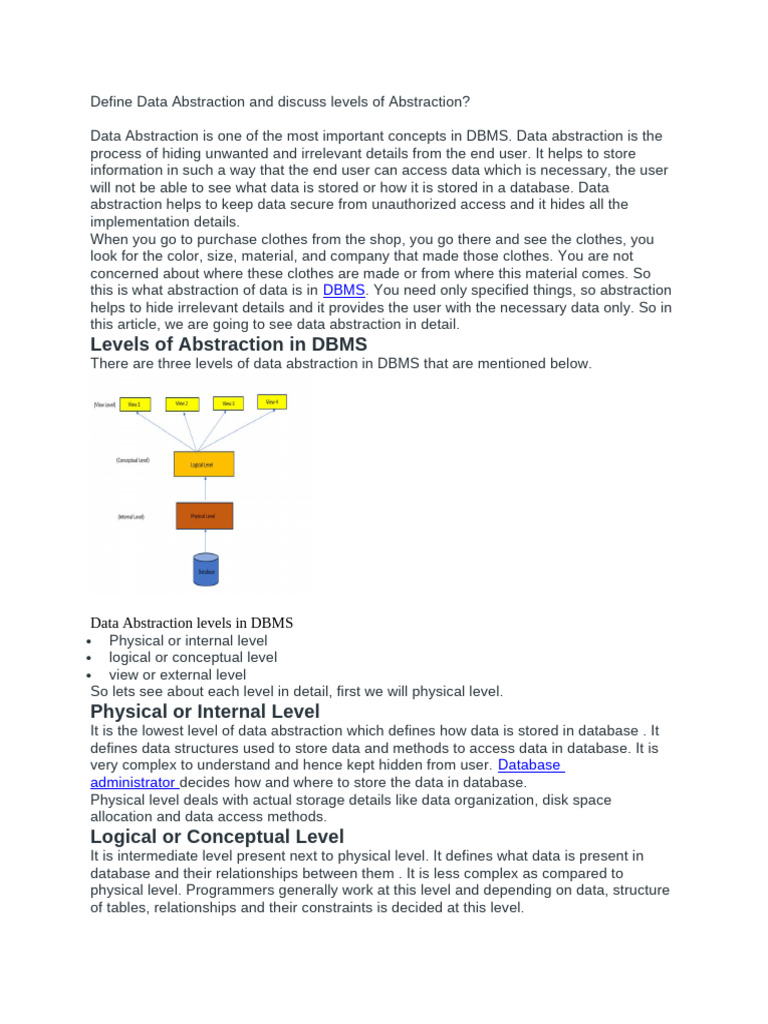 Define Data Abstraction and discuss levels of Abstraction | PDF | Databases | Abstraction ...