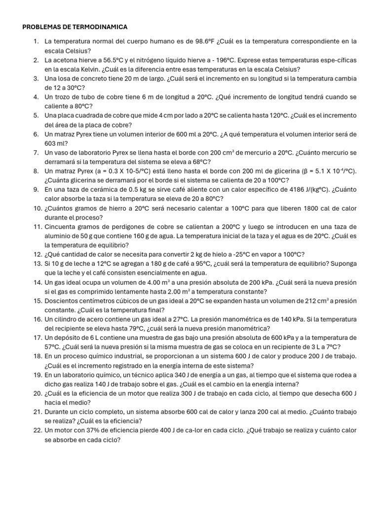 Problemas de Termodinamica | PDF | Gases | Temperatura