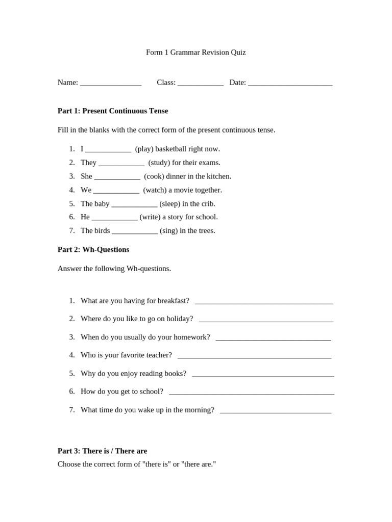 Form 1 Grammar Quiz | PDF