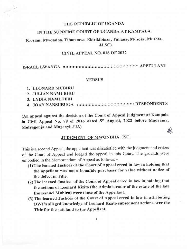 Lwanga V Mubiru and 3 Others 2024 UGSC 7 (23 February 2024) | PDF
