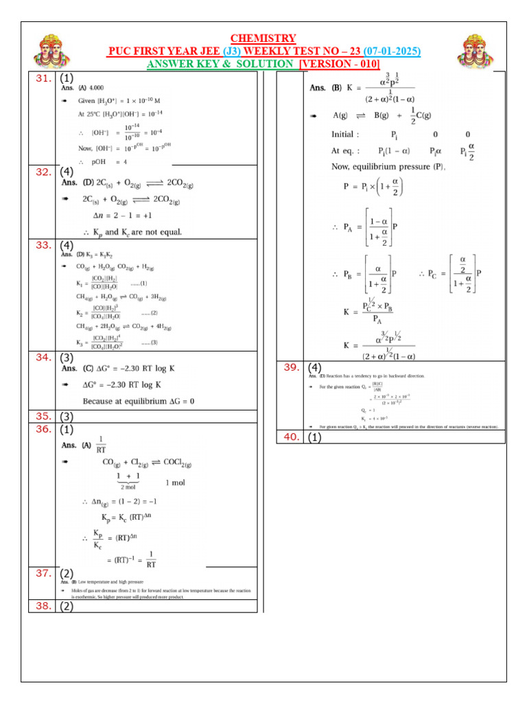 23. Chem_p1 Jee Wkt Solution 07-1-25 (j3) | PDF | Chemical Equilibrium | Ethylene