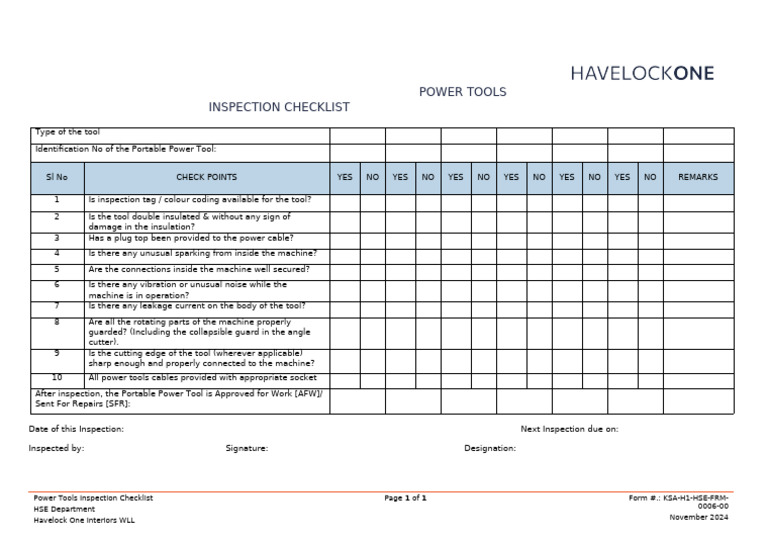 HSE-06 - Power Tools Inspection Report | PDF
