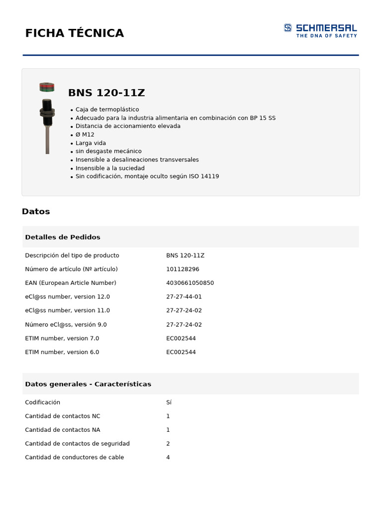 Ficha Técnica BNS 120-11Z IP67 | PDF