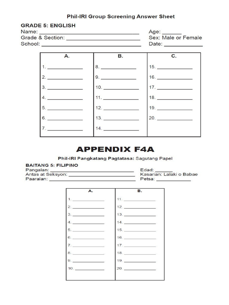 PHIL-IRI Group SCreening Test Form | PDF