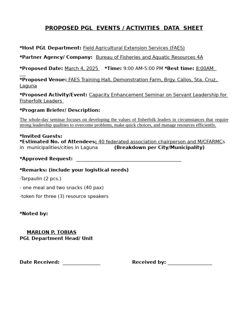 PGL EVENTS ACTiVITIES DATA SHEET | PDF | Fishing Industry | Fish And Humans