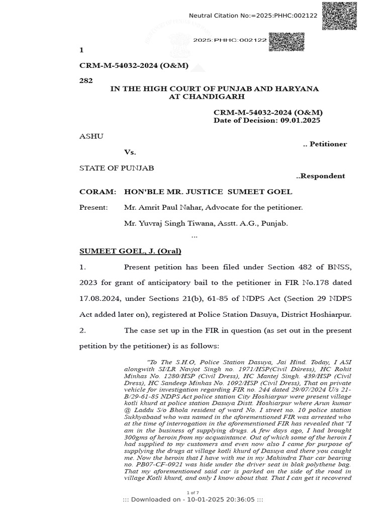 Ashu VS State of Punjab Judgment On Coaccused Statement | PDF | Bail | Common Law