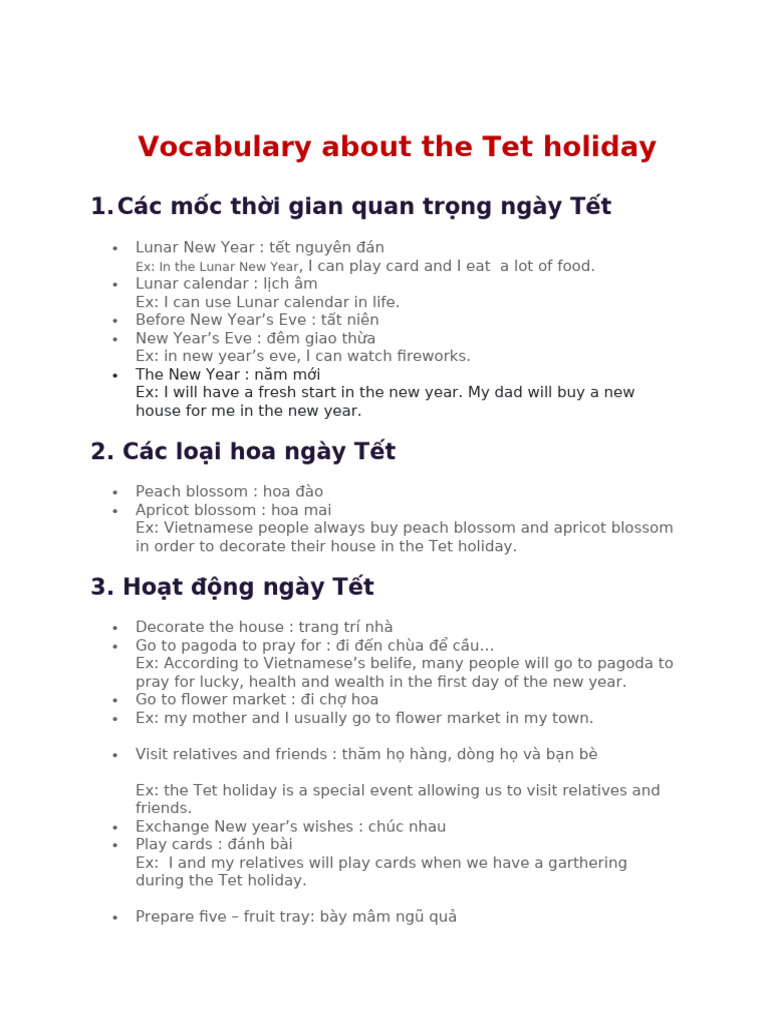 Vocabulary About Tet Holiday | PDF