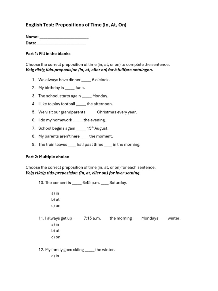 English Test Prepositions of Time (In | PDF