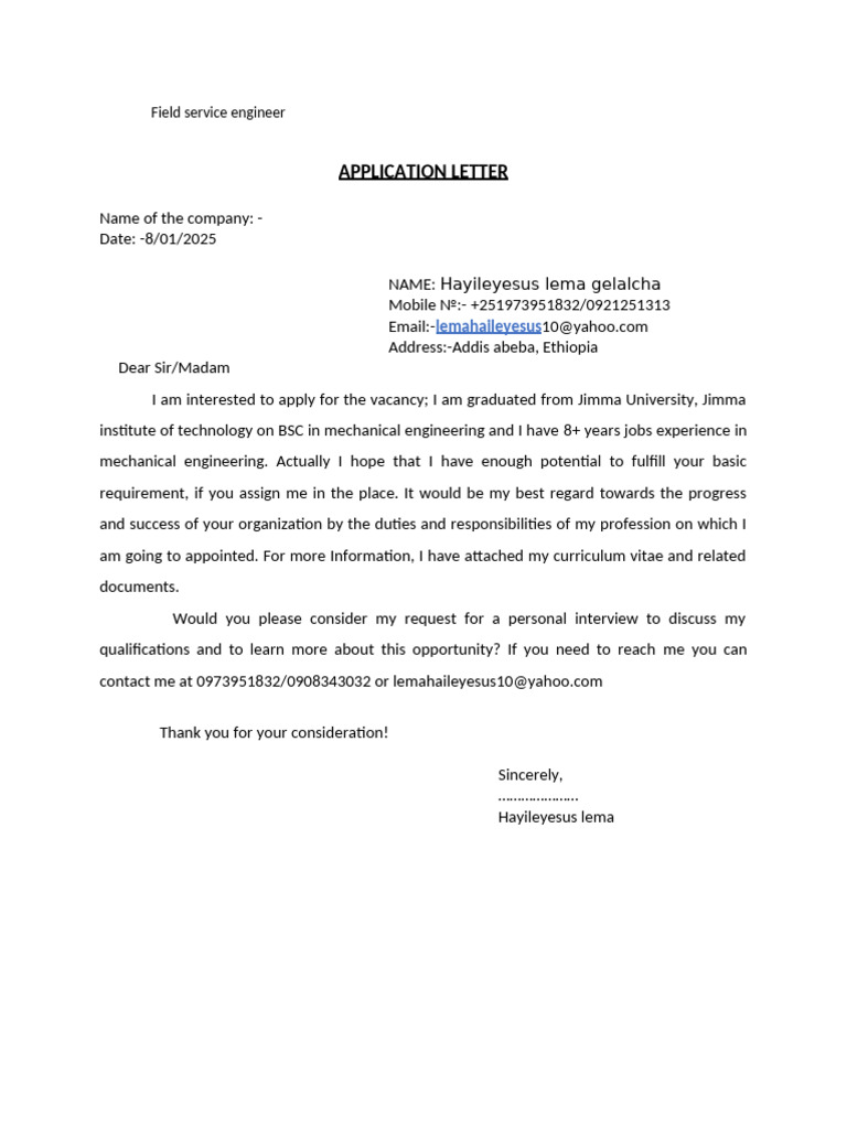 Field Service Engineer Application Letter | PDF