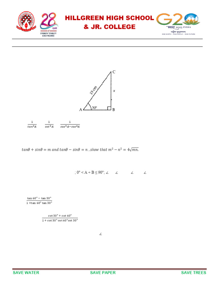 Trigonometry Worksheet for Class 10 | PDF