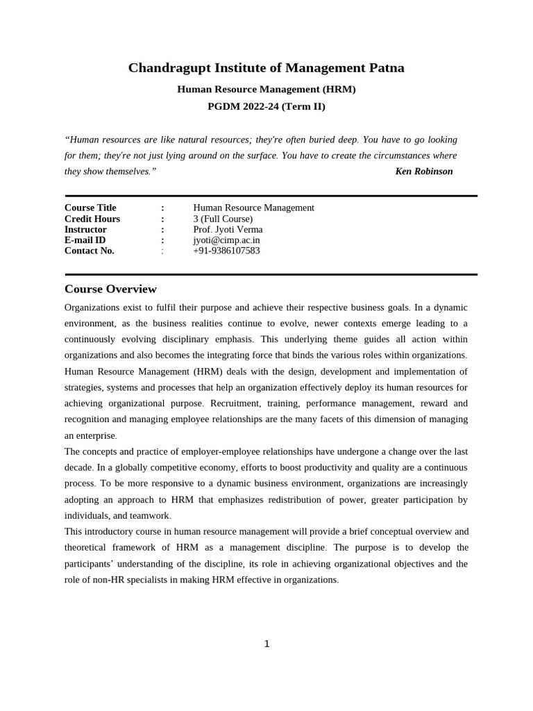 Course Outline - HRM - 2022-24 | PDF | Human Resource Management | Business