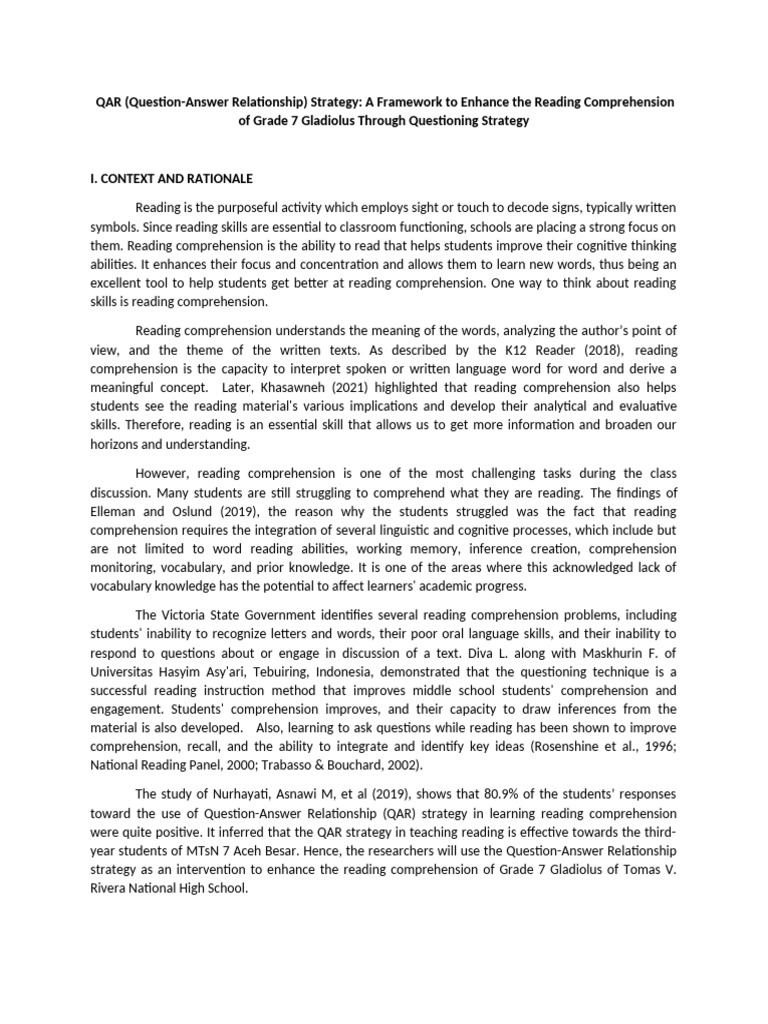 QAR (Question-Answer Relationship) Strategy A Framework To Enhance The ...