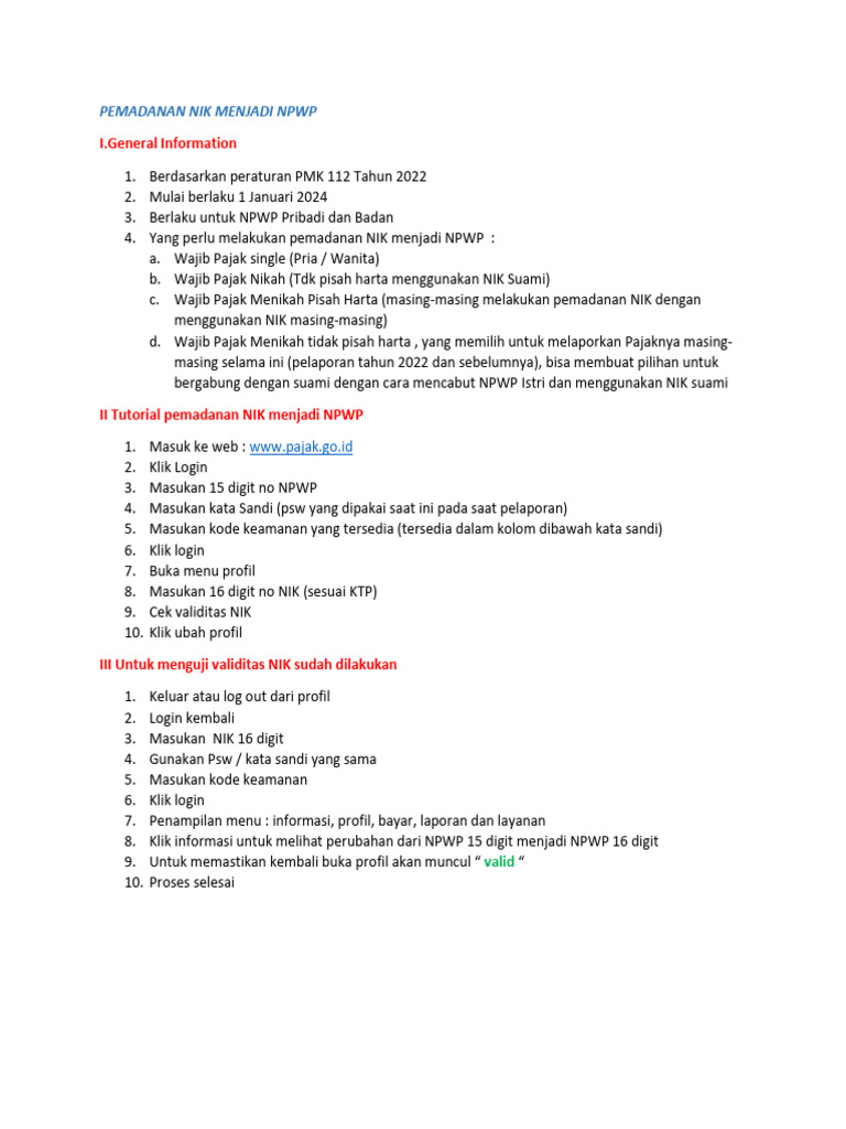 Pemadanan Nik Menjadi NPWP | PDF
