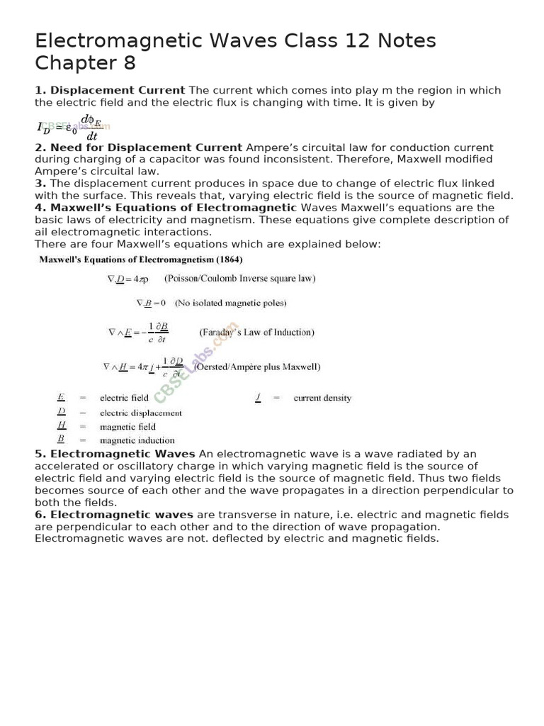 Electromagnetic Waves Class 12 Notes Chapter 8 | PDF | Electromagnetic ...