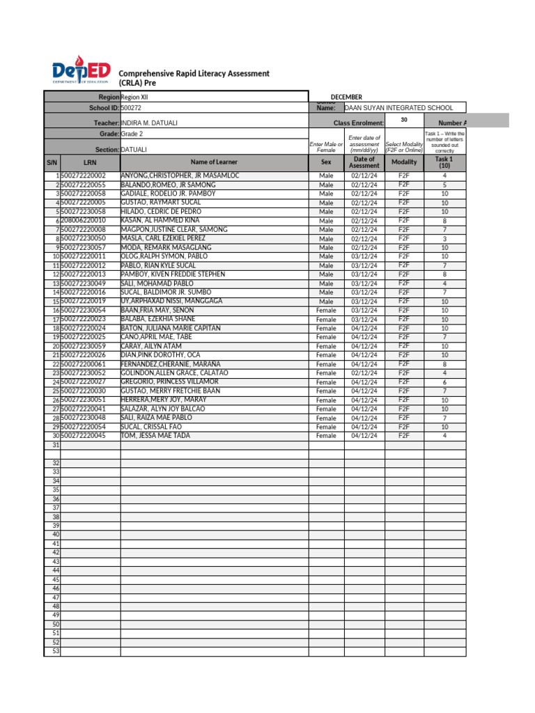 B Crla Bosy g2 Filscoresheet 2024-2025 Datuali - Xlsx-December | PDF ...