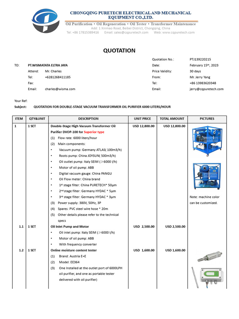 01 Quotation PTJ139220215 Transformer Oil Purifier 6000LPH | PDF | Pump ...