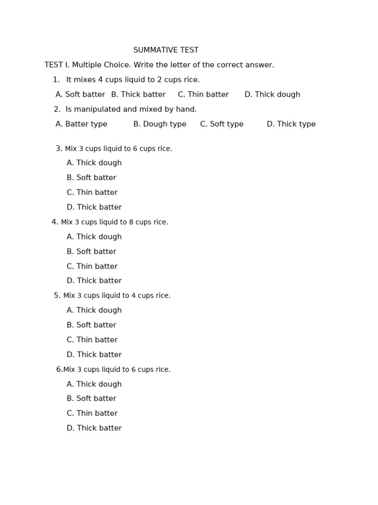 Summative Test Grade 7 0ct. 12,2023 | PDF | Flour | Dough