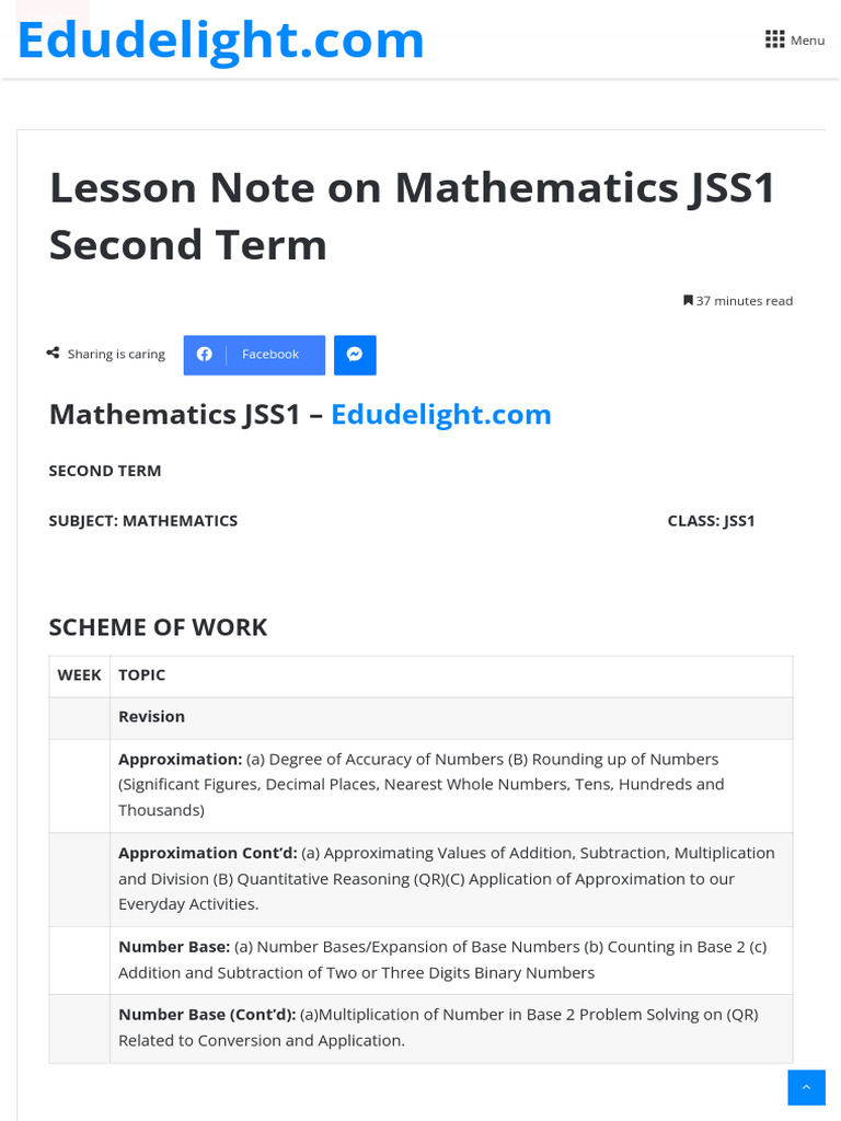 Lesson Noteon Mathematics JSS1 Second Term-Edudelight - Com ...