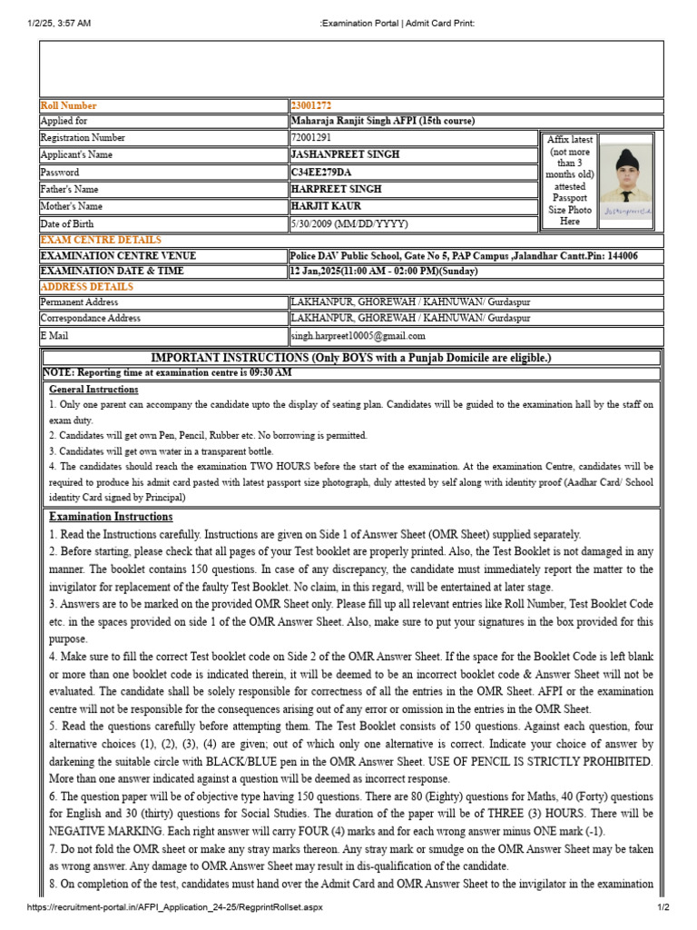 AFPI Exam Admit Card Instructions | PDF