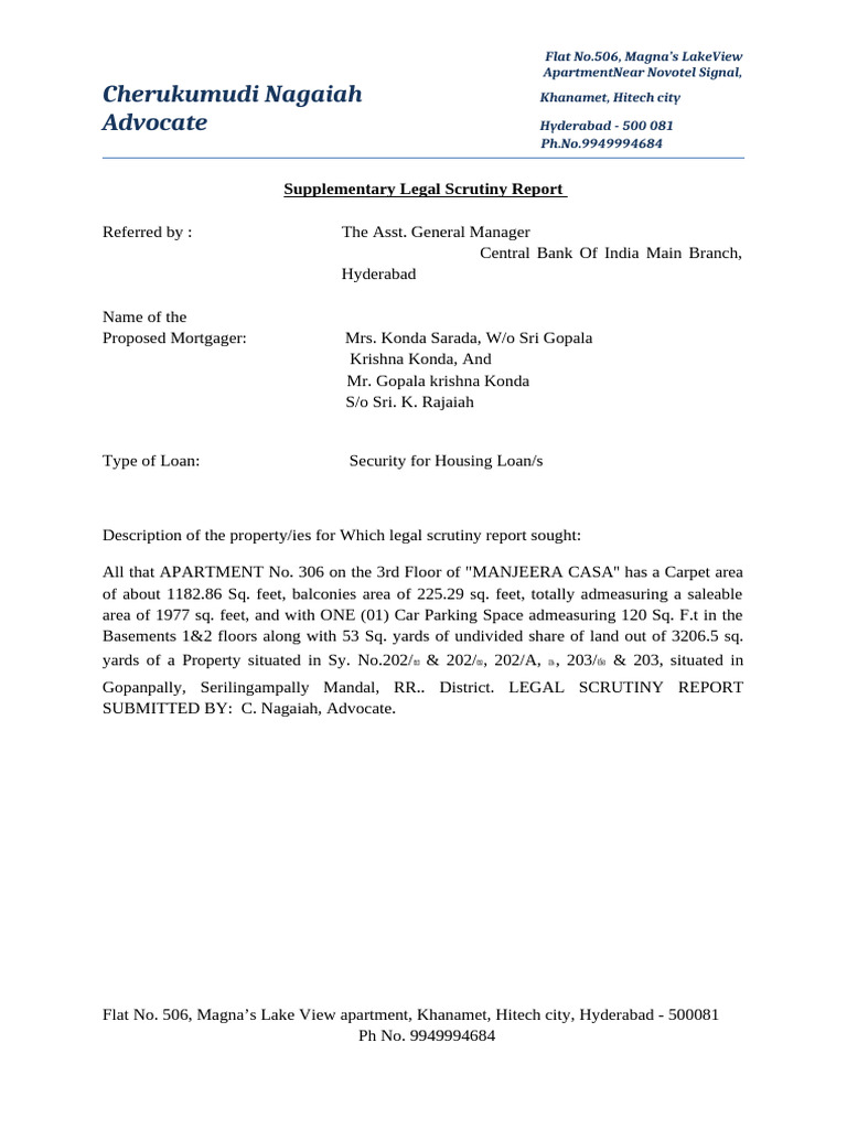Supplementary legal Scrutiny Report 306 | PDF | Deed | Lake View